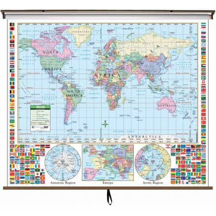 World Primary Classroom Wall Map on Roller w/ Backboard - The Map Shop