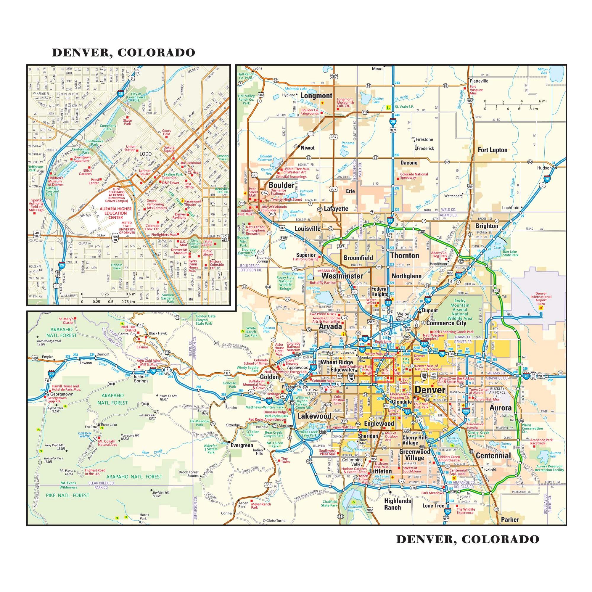Denver, Colorado Wall Map by Globe Turner - The Map Shop Denver, Colorado Wall Map by Globe Turner - The Map Shop
