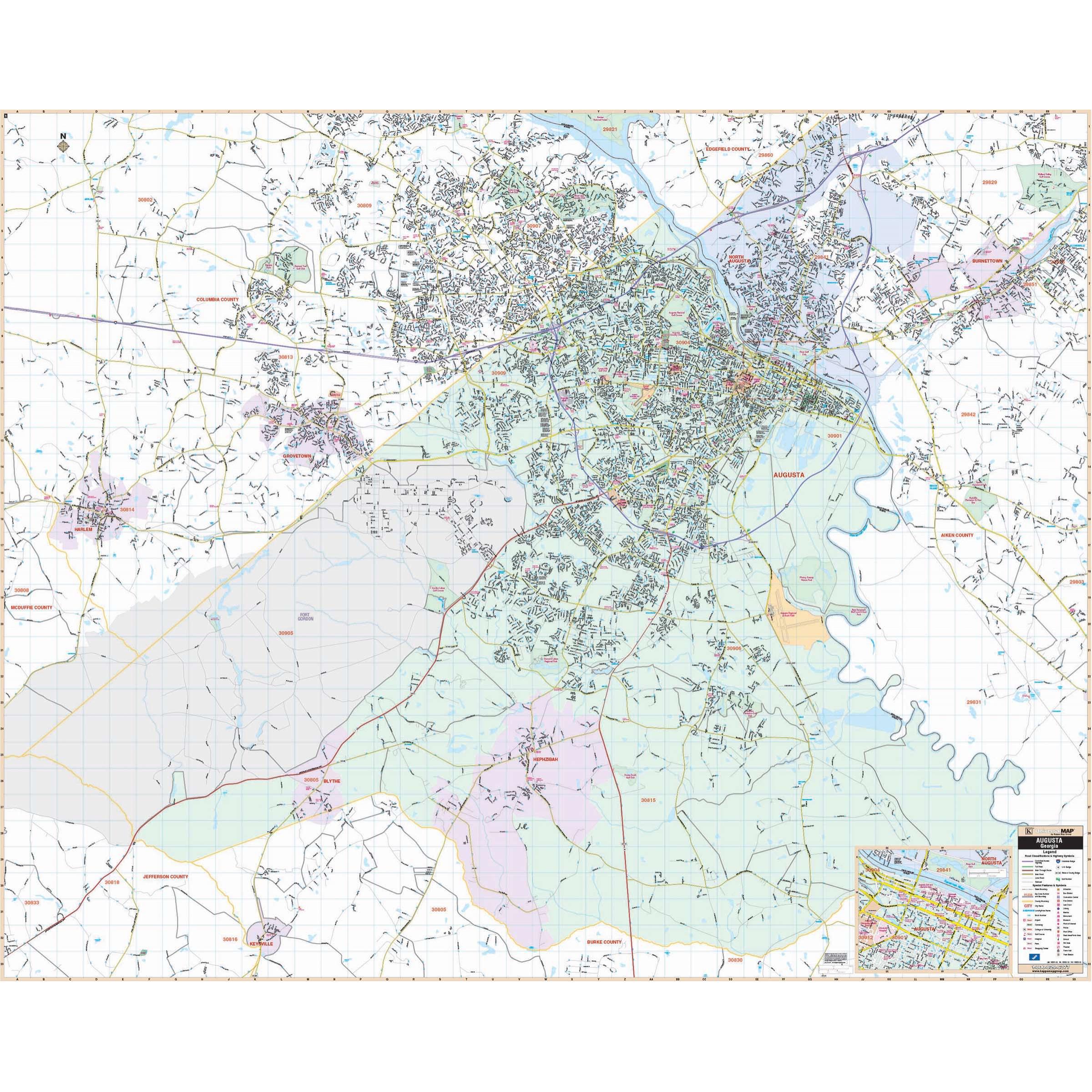 Augusta, GA Wall Map by Kappa - The Map Shop Augusta, GA Wall Map by Kappa - The Map Shop