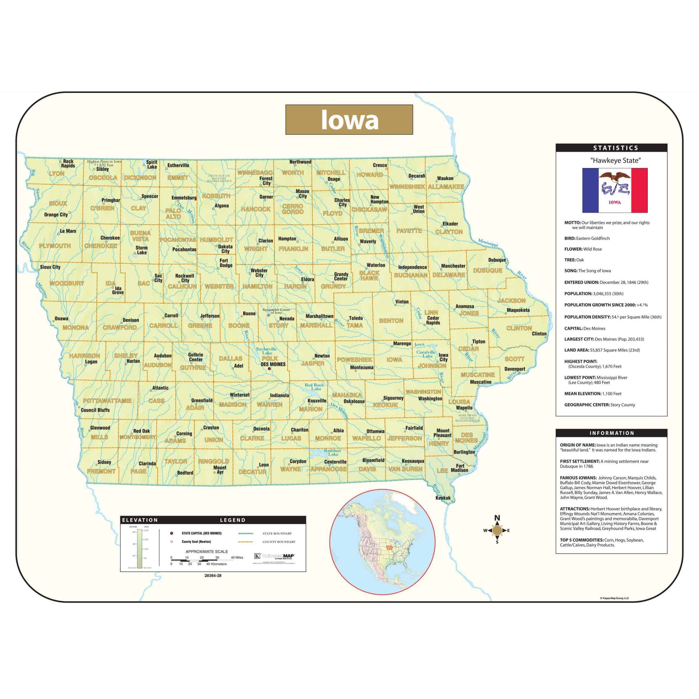 Iowa Shaded Relief State Wall Map by Kappa - The Map Shop