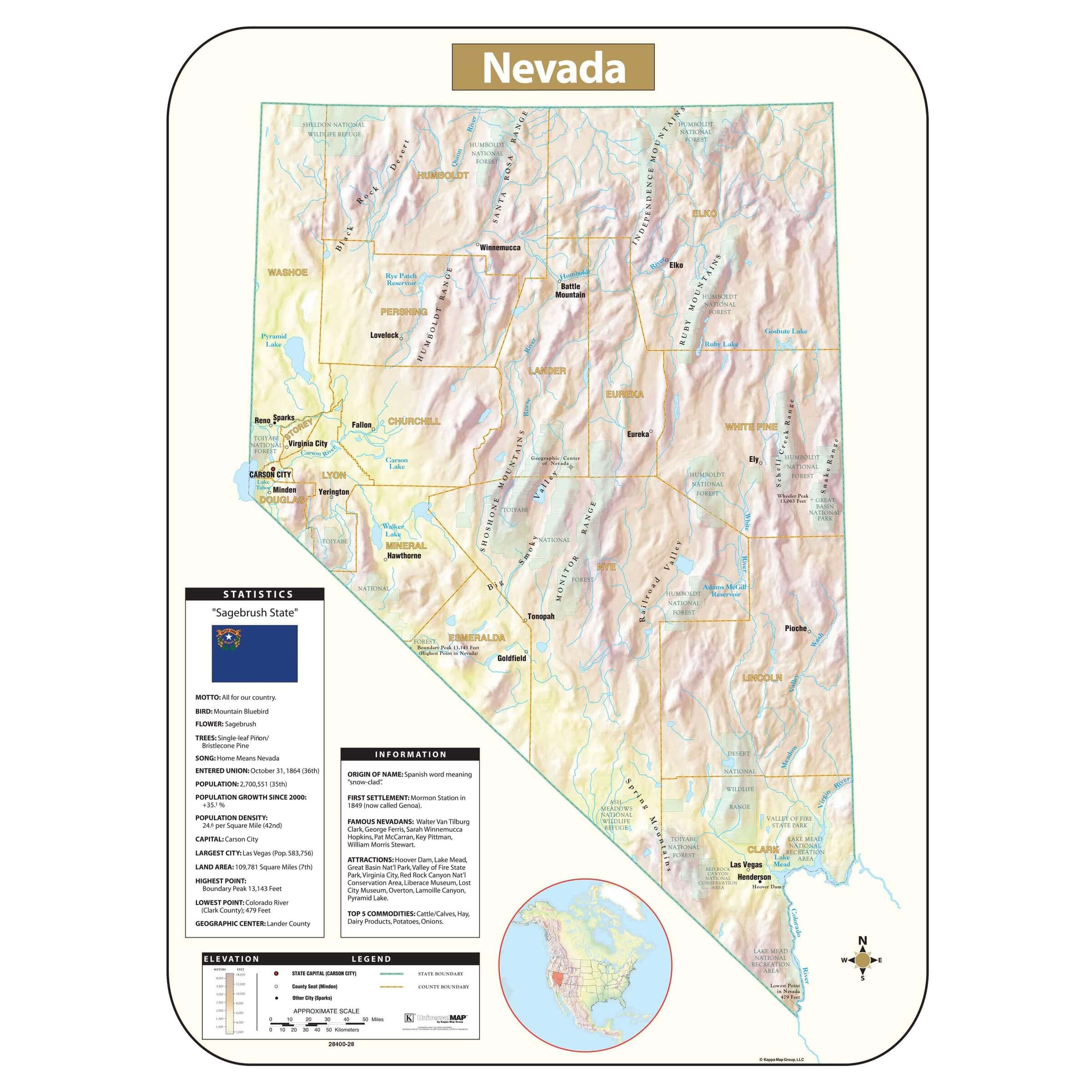 Nevada Shaded Relief State Wall Map by Kappa - The Map Shop