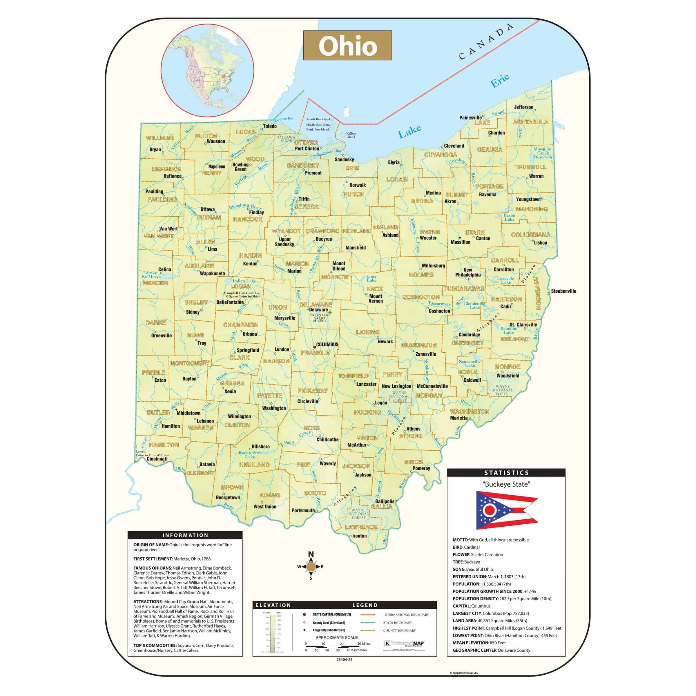 Ohio Shaded Relief State Wall Map by Kappa - The Map Shop