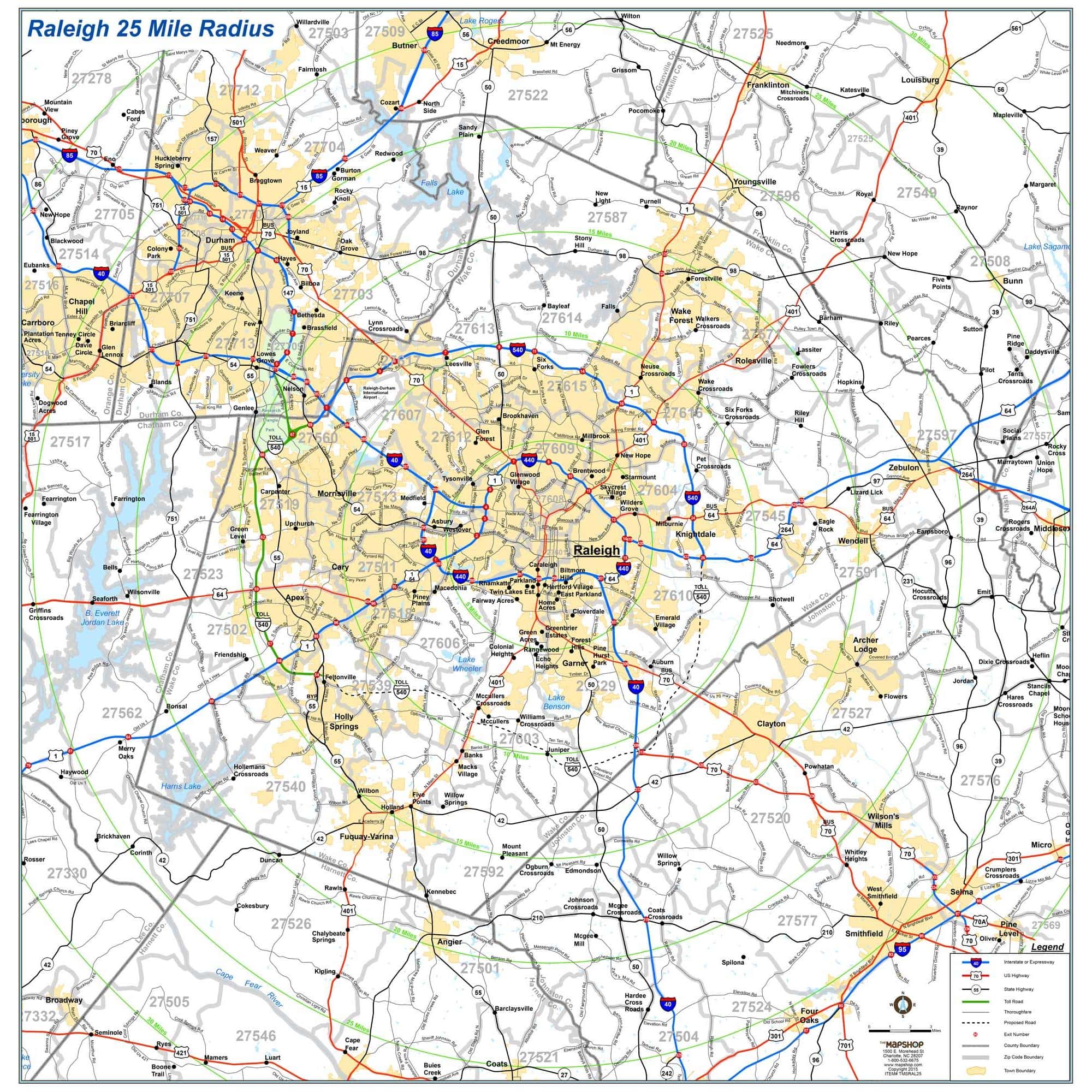 Raleigh 25 Mile Radius Wall Map By MapShop The Map Shop Raleigh 25 Mile Radius Wall Map By MapShop The Map Shop