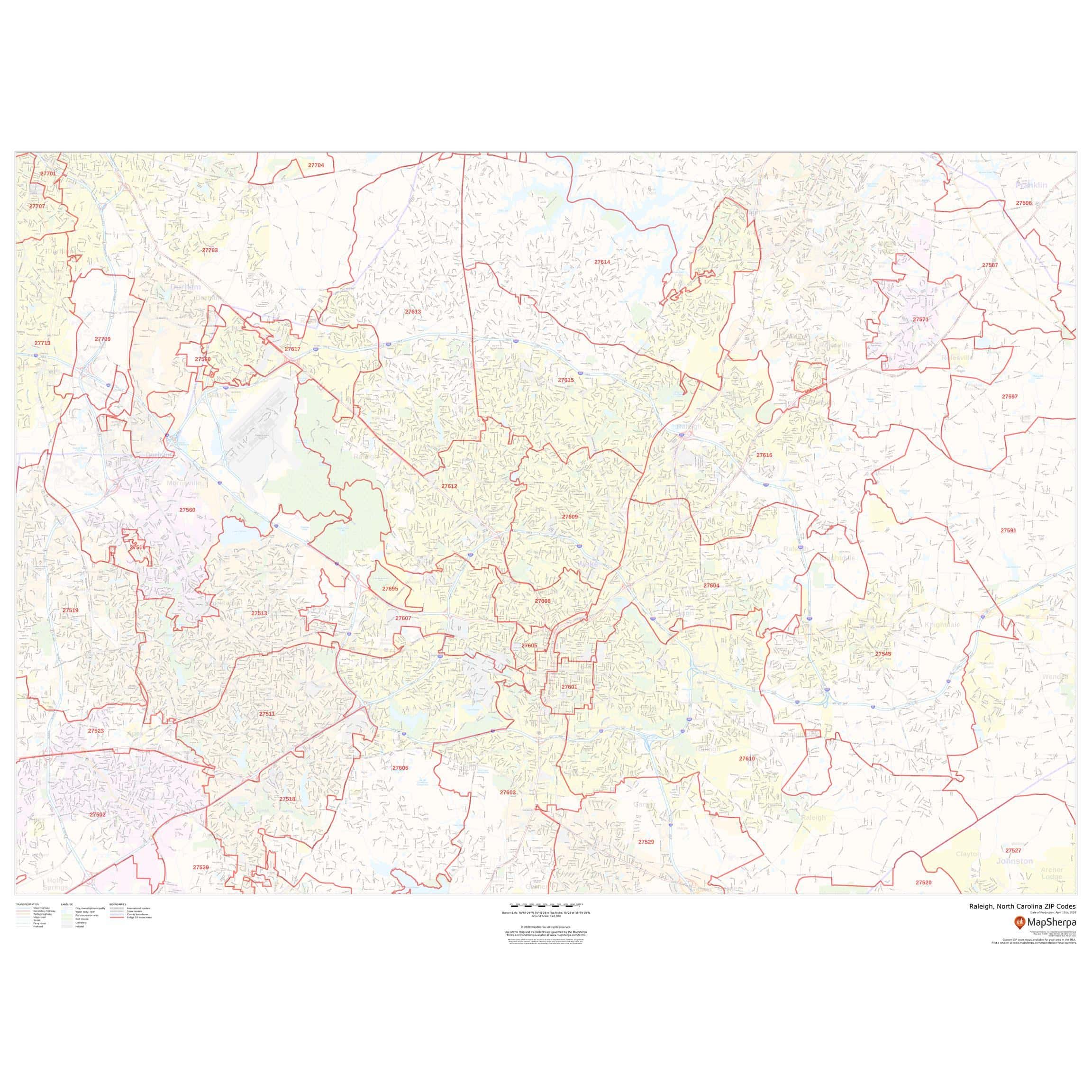 Raleigh North Carolina Zip Codes By Map Sherpa The Map Shop
