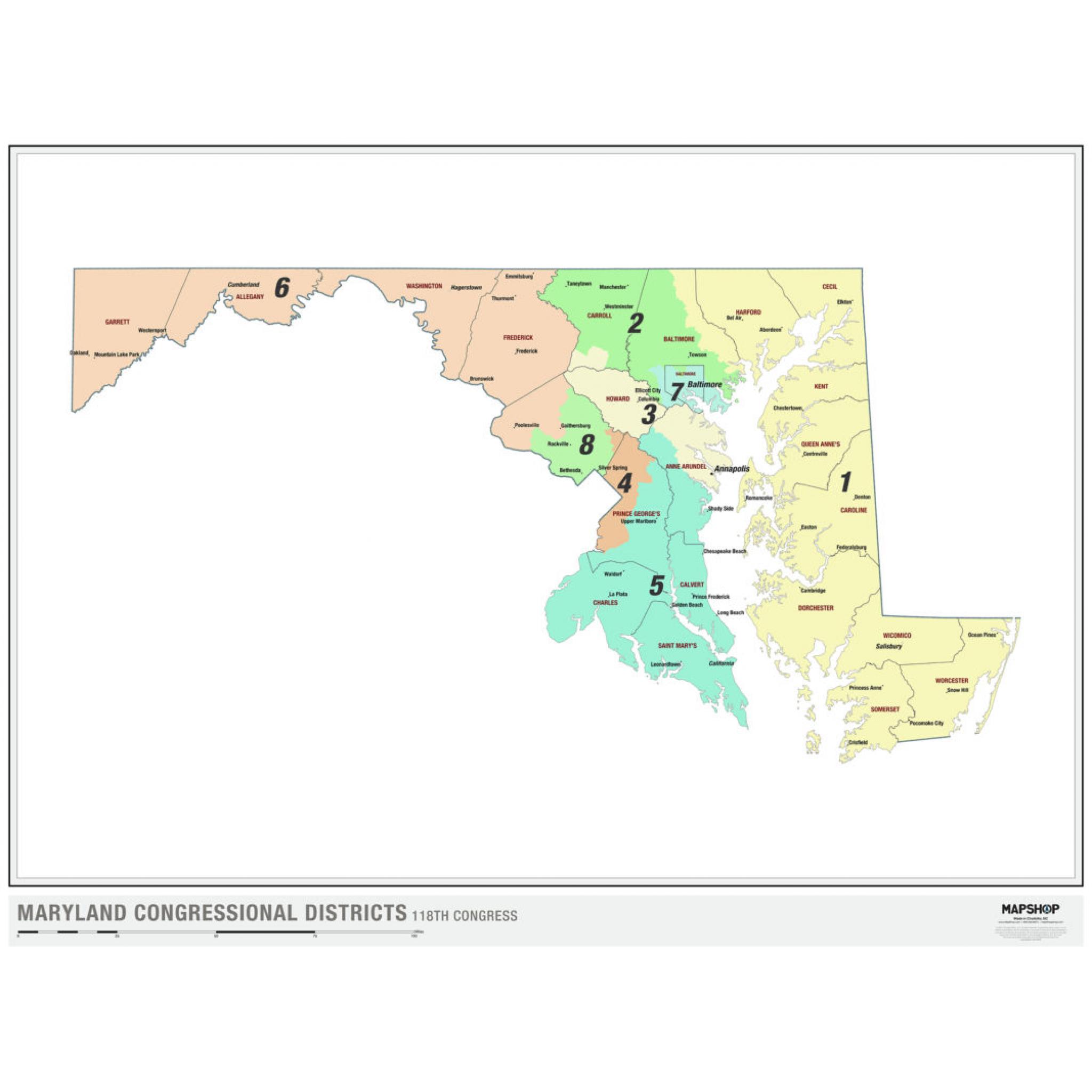 Maryland 2022 Congressional Districts Wall Map By Mapshop The Map Shop