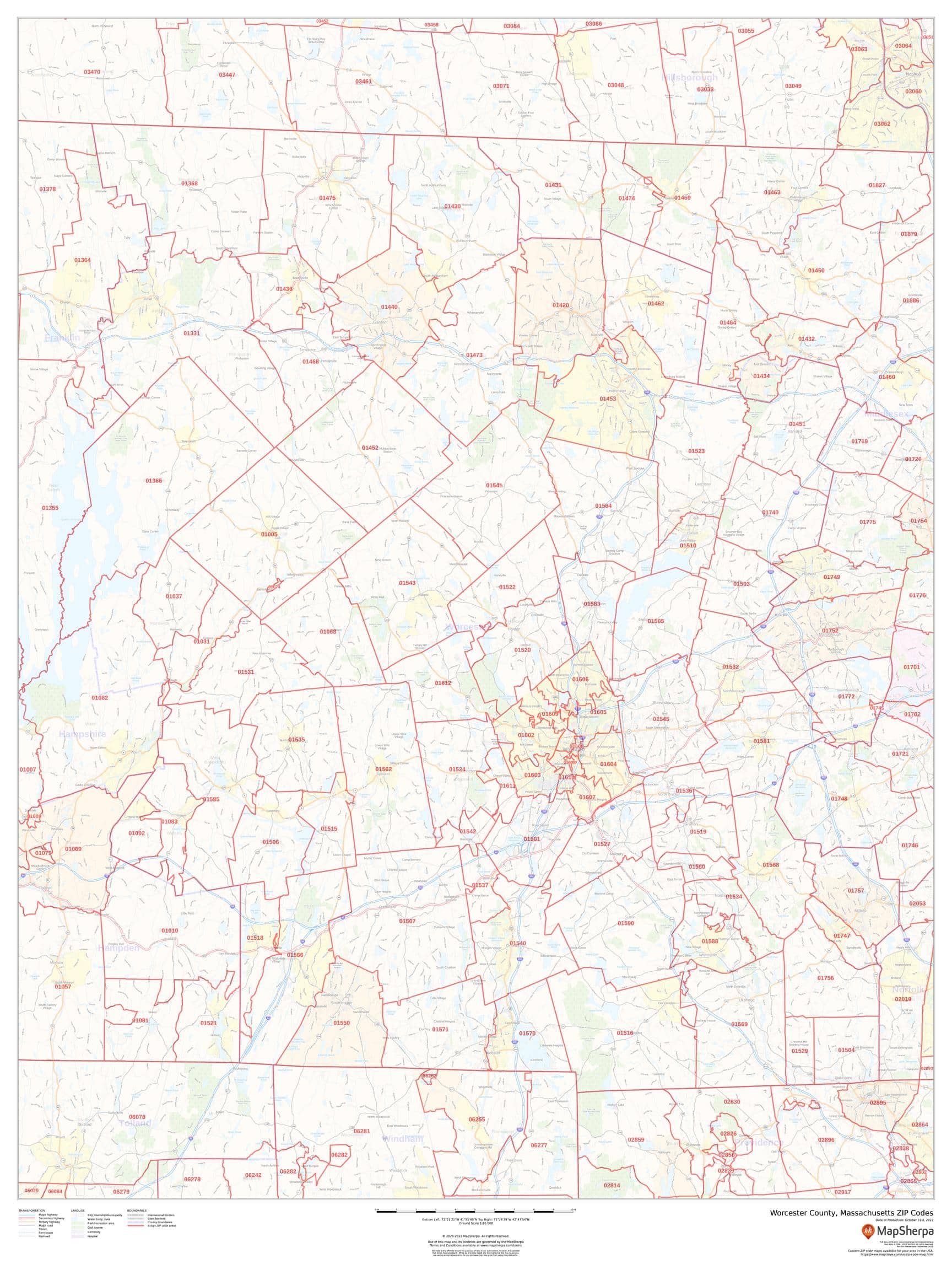 Worcester County Massachusetts ZIP Codes By MapSherpa The Map Shop Worcester County Massachusetts ZIP Codes By MapSherpa The Map Shop