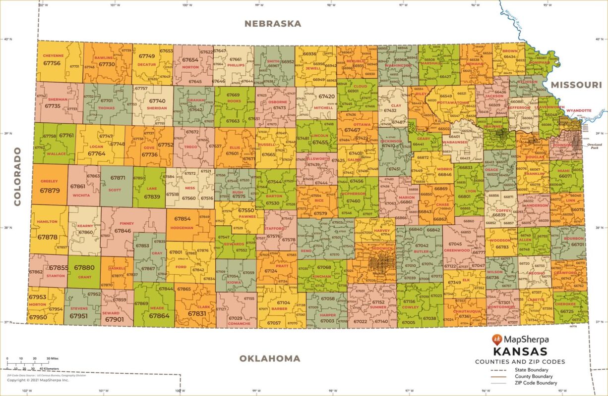 Kansas ZIP Code Map with Counties by MapSherpa - The Map Shop Kansas ZIP Code Map with Counties by MapSherpa - The Map Shop