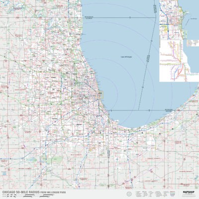 Chicago, IL 50-Mile Radius Wall Map by MapShop - The Map Shop