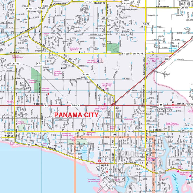 Panama City & Bay County, FL Wall Map by Kappa - The Map Shop
