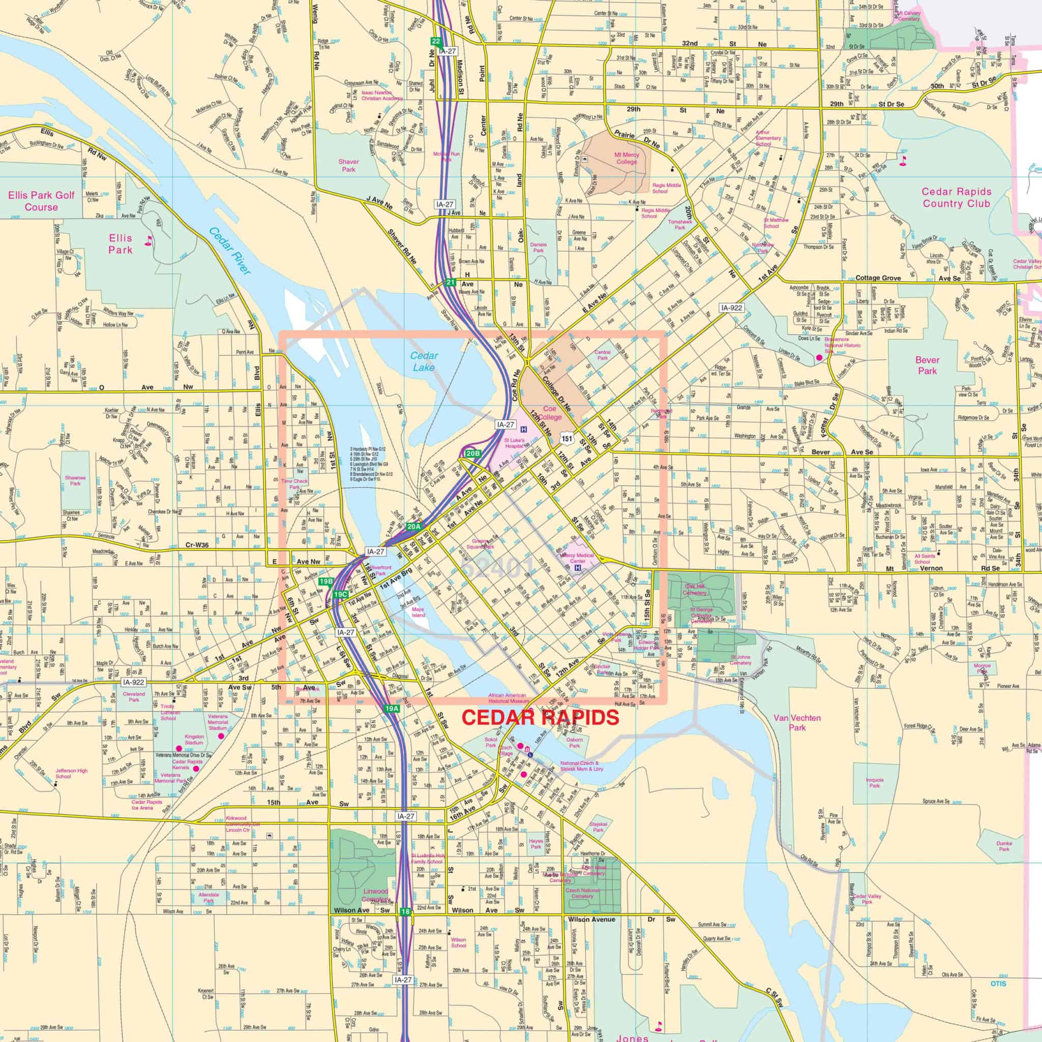 Cedar Rapids, IA Wall Map by Kappa - The Map Shop