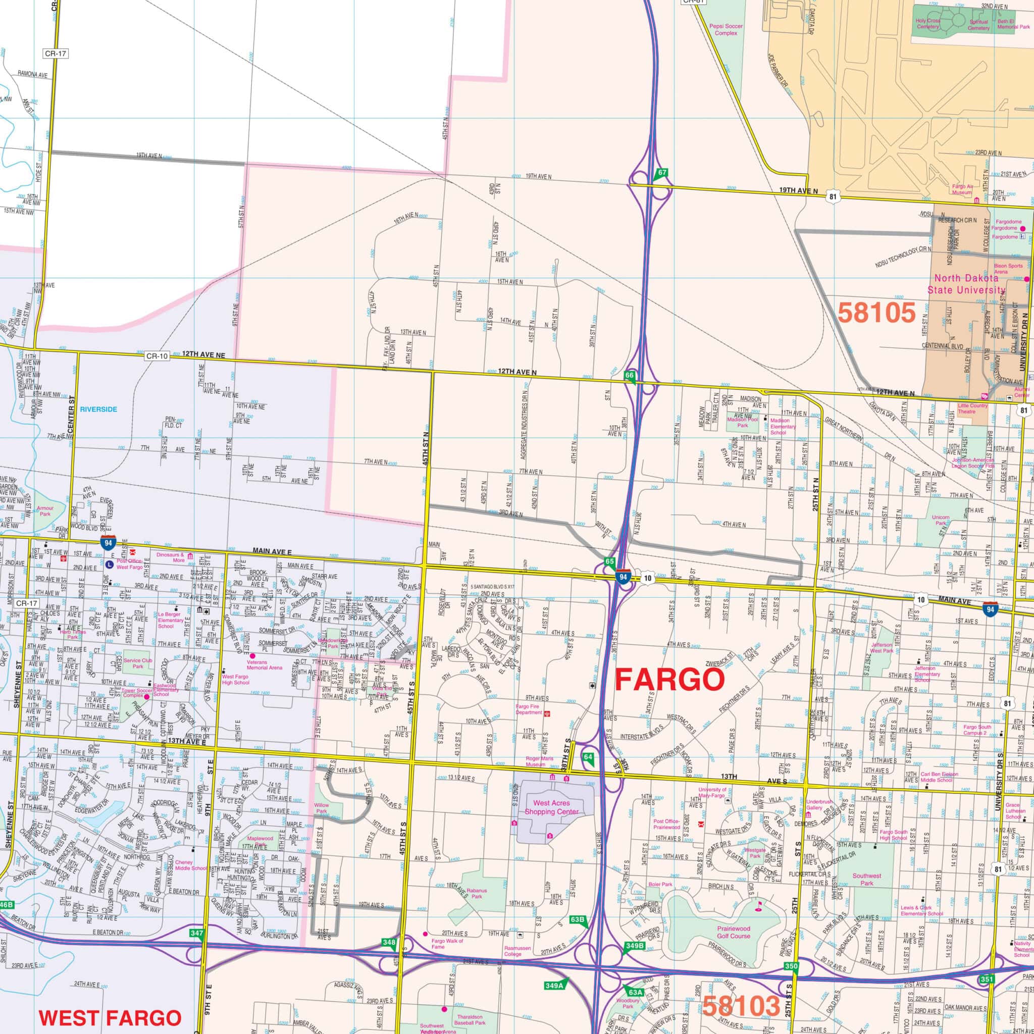 Fargo, ND & Moorhead, MN Wall Map by Kappa - The Map Shop