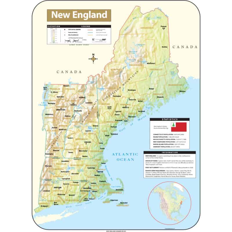 New England Shaded Relief Regional Wall Map by Kappa - The Map Shop