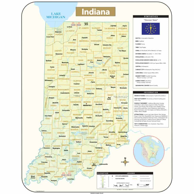Indiana Shaded Relief State Wall Map by Kappa - The Map Shop