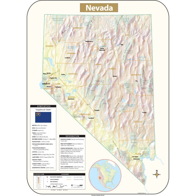 Nevada Shaded Relief State Wall Map by Kappa - The Map Shop