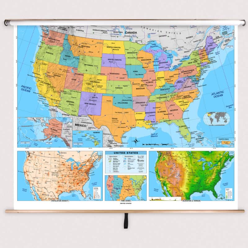 United States Intermediate Classroom Pull Down Map w/ Backboard by ...