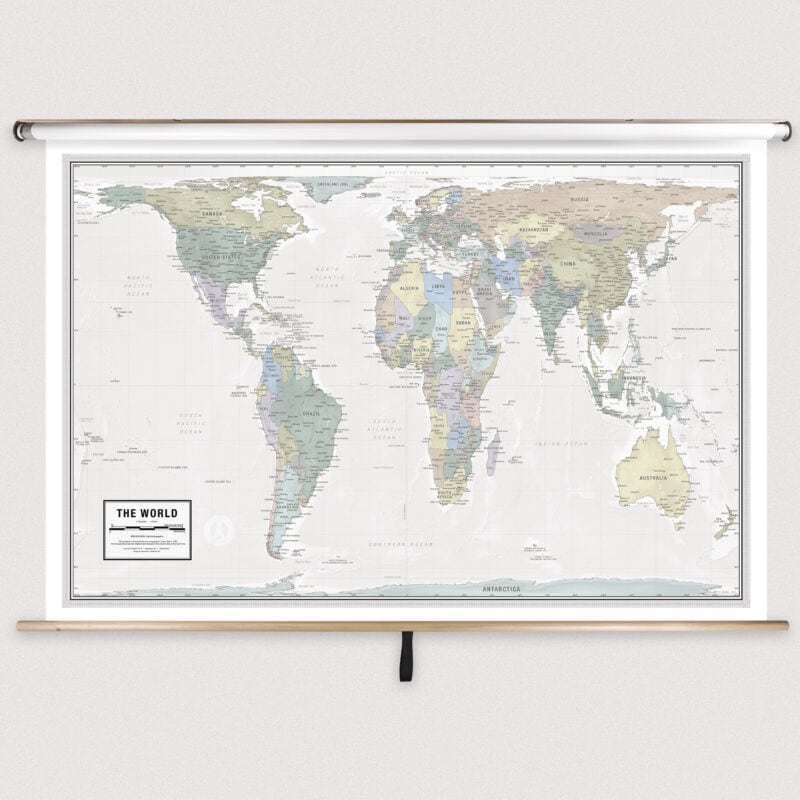 World Gall Orthographic Projection Classroom Pull Down Map w/ Backboard ...